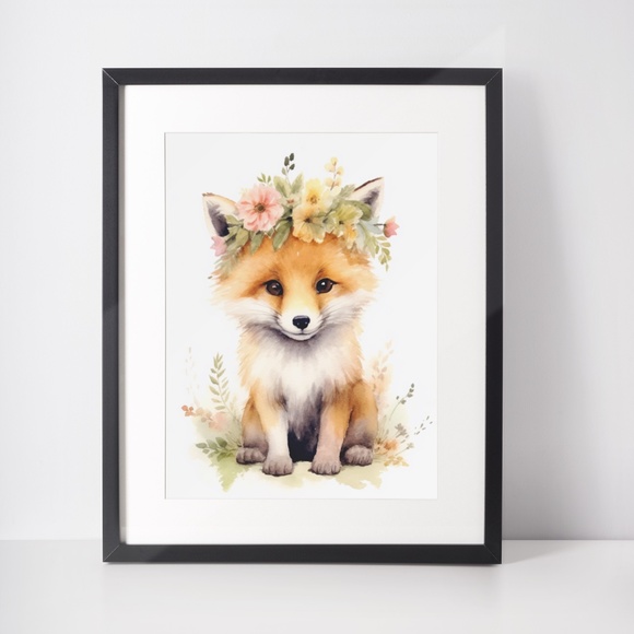 Art | Watercolor Floral Baby Fox Portrait Wall Art Illustration Print ...